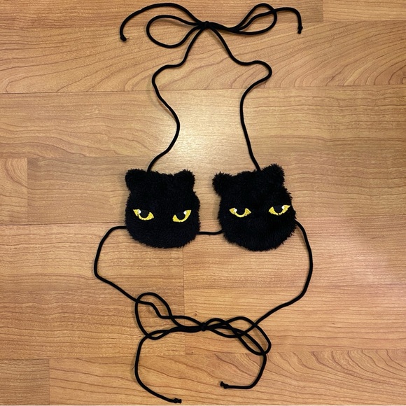 None | Tops | Black Cat Fluffy Festival Bra Top | Poshmark